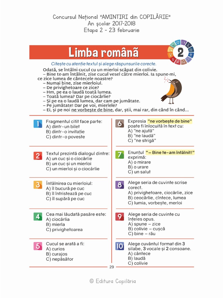 Amintiri Din Copilarie - 2017-2018 - Etapa 2 - Clasa 2 | PDF