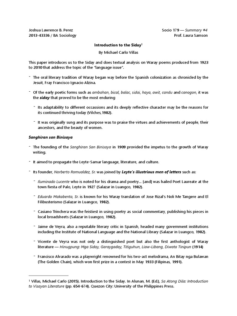 S179 (Waray Literature) - 4 - Introduction to the Siday.pdf | Semiotics | Linguistics