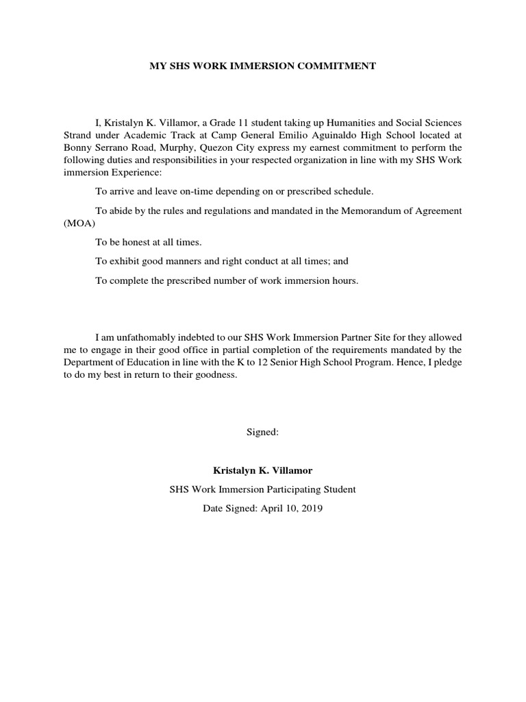 My Shs Work Immersion Commitment | PDF
