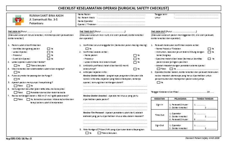 Checklist Keselamatan Operasi Surgical Safety Checklist PDF | PDF