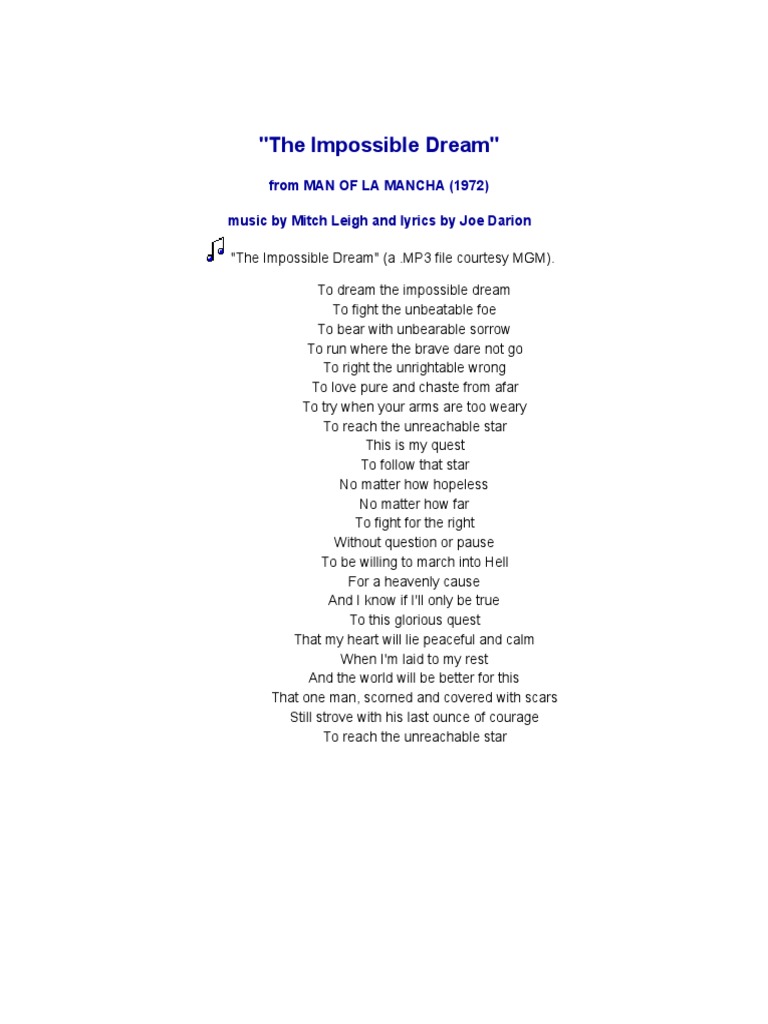 "The Impossible Dream": From MAN OF LA MANCHA (1972) Music by Mitch Leigh and Lyrics by Joe ...