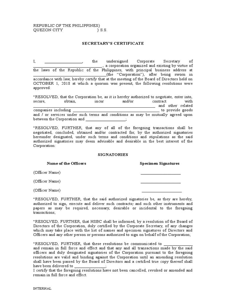 Secretary's Certificate Template | PDF | Contractual Term | Board Of ...