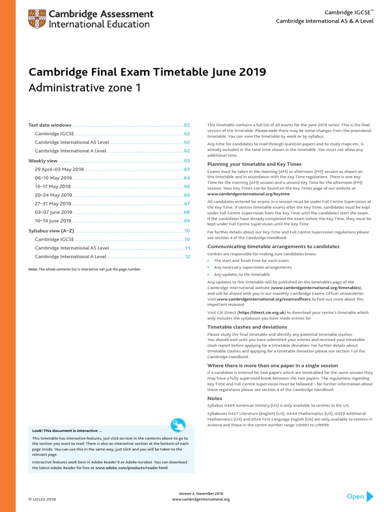Cambridge Final Exam Timetable June 2019: Administrative Zone 1 | PDF ...