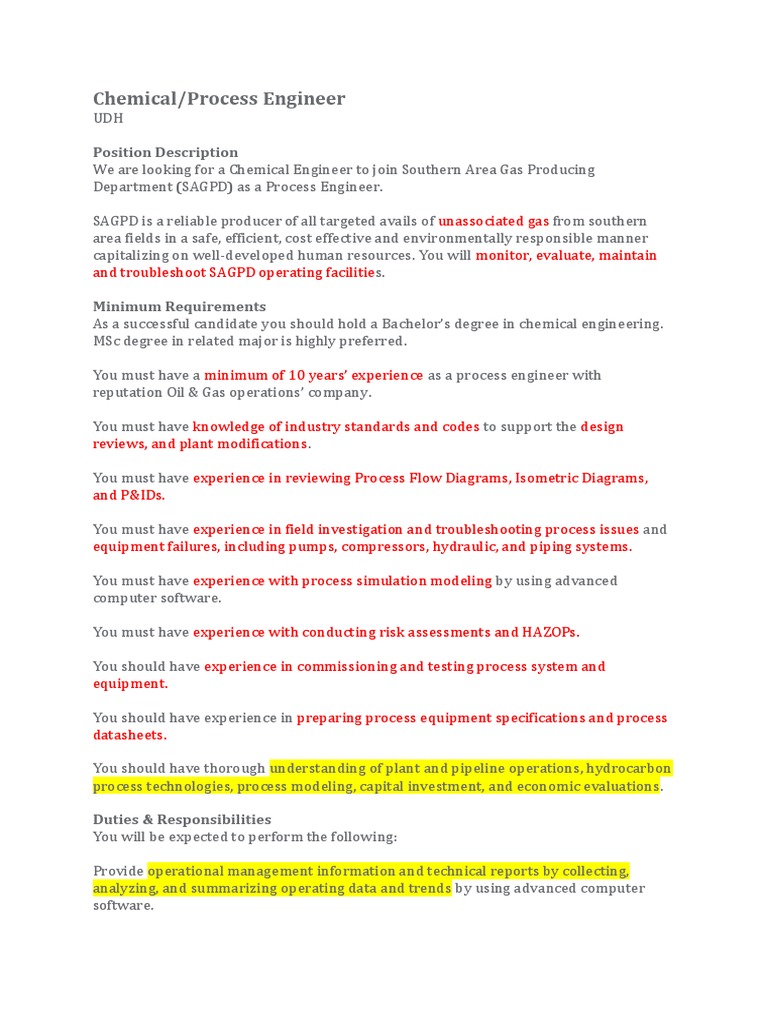 Chemical/Process Engineer: Position Description | PDF | Business ...