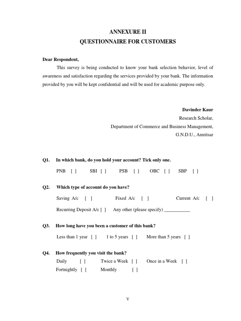 Annexure Ii Questionnaire For Customers: Dear Respondent | PDF | Online ...