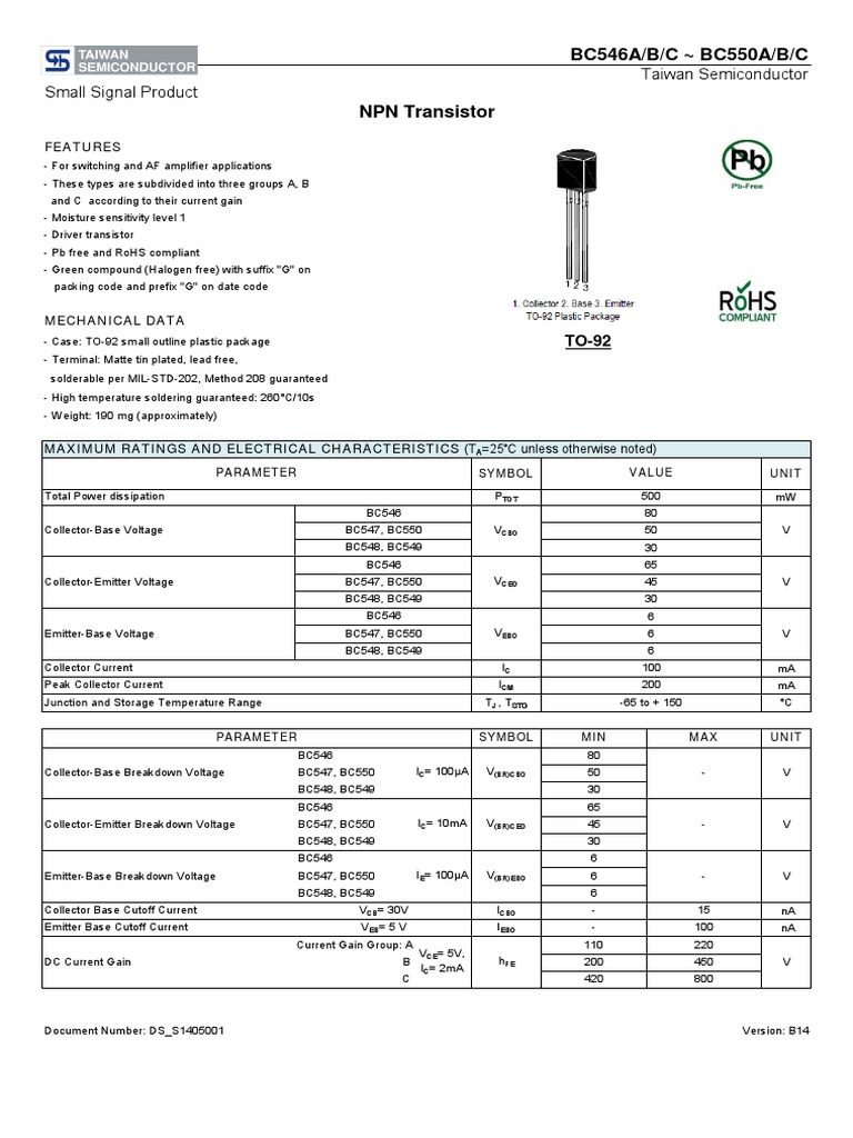 BC546 BC547 BC548 BC549 BC550 A B C Series Taiwan Semiconductor | PDF ...