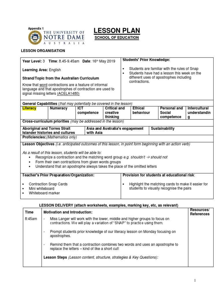 Contractions Lesson Plan for Year 3 | PDF | Lesson Plan | Understanding