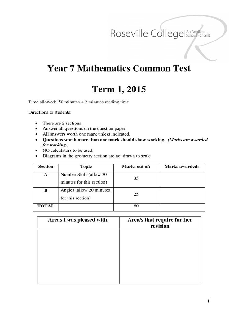 Year 7 Mathematics Test 2015 | PDF | Angle | Geometry