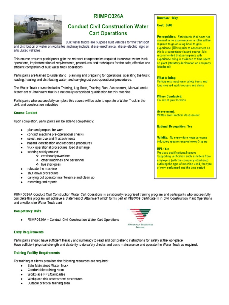 Water Cart Operations Training Course | PDF | Truck | Water