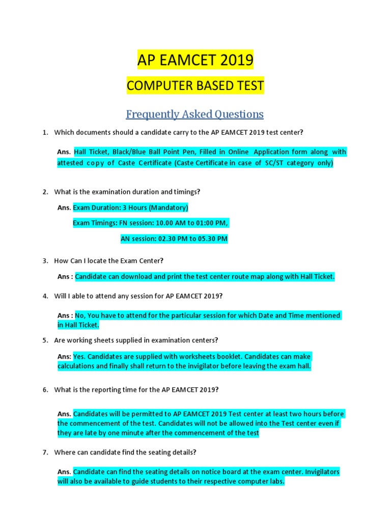 Ap Eamcet 2019: Computer Based Test | PDF | Test (Assessment ...