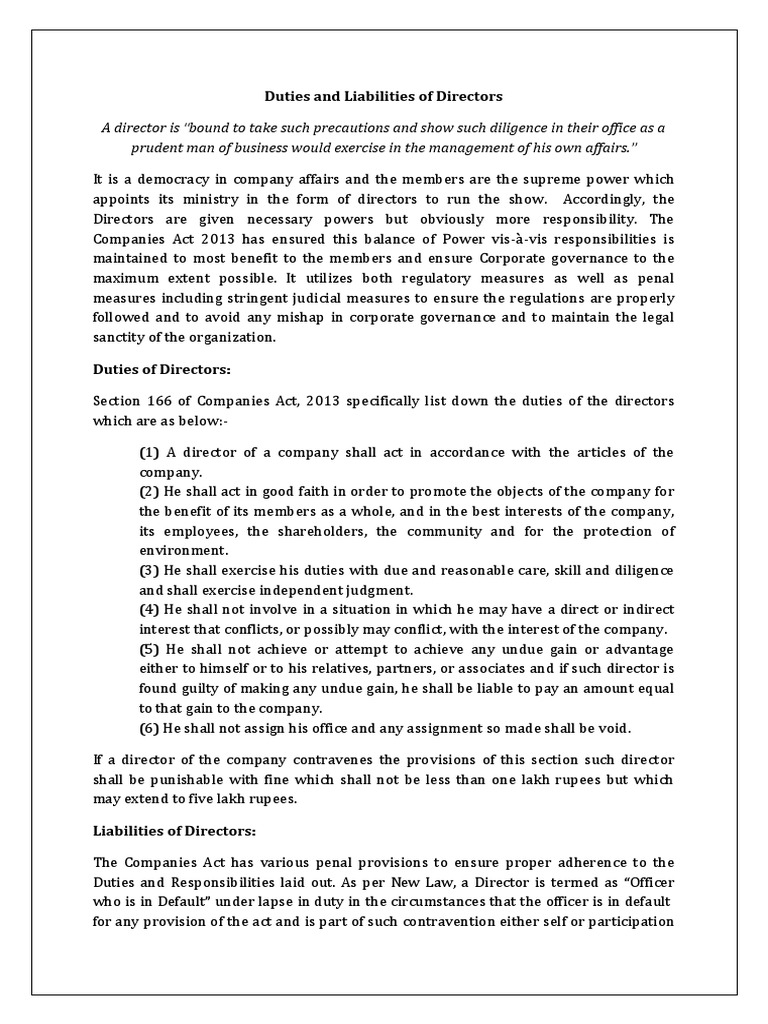 Note On Duties and Liabilities of Directors | PDF | Board Of Directors ...