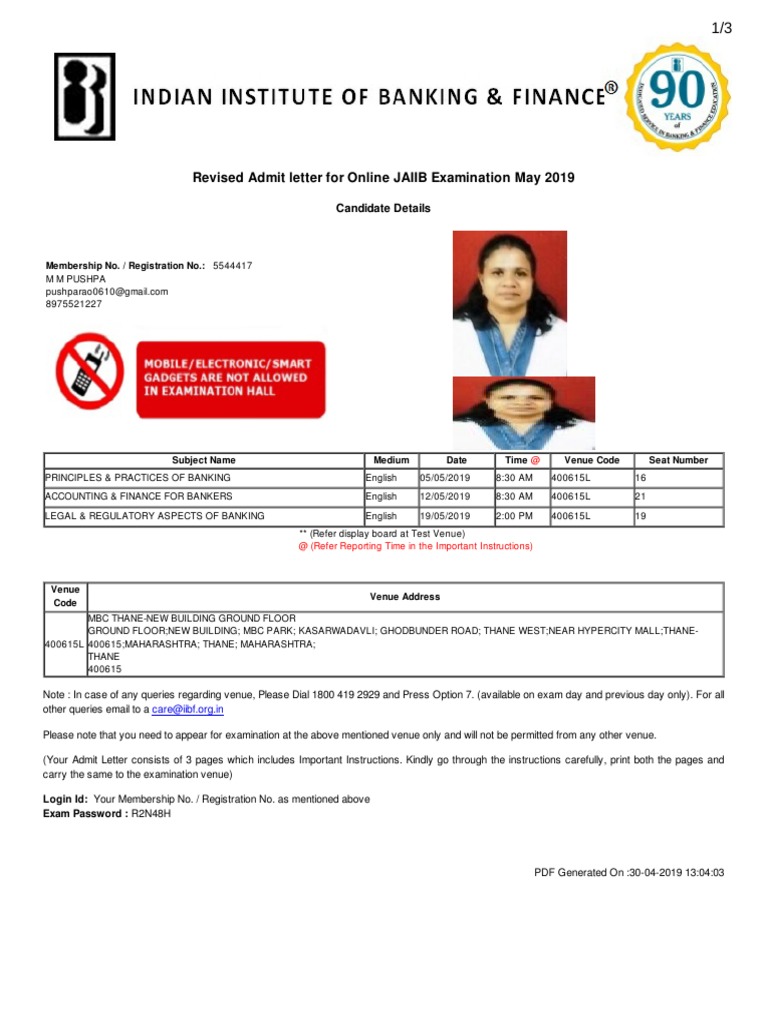 Revised Admit Letter For Online JAIIB Examination May 2019: Candidate ...