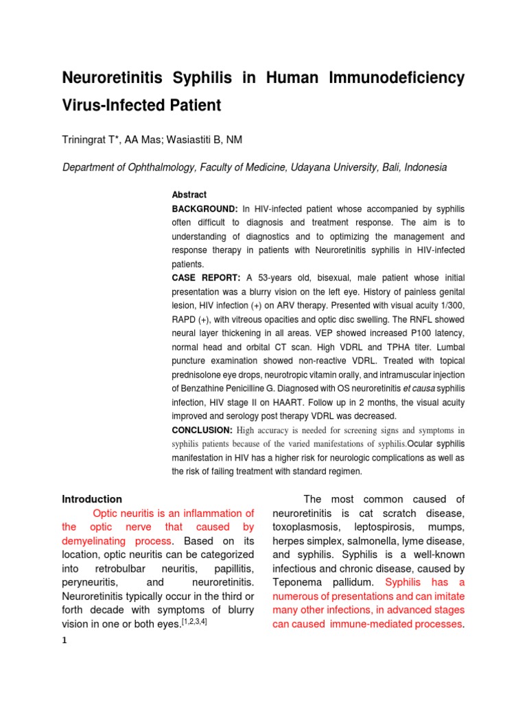 Neuroretinitis Syphilis in Human Immunodeficiency Virus-Infected ...