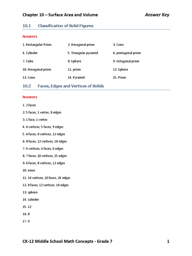 Answer Key - CK-12 Chapter 10 Middle School Math Concepts - Grade 7 (Revised) | PDF | Convex ...