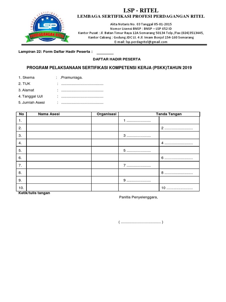 Form Daftar Hadir Asesi | PDF
