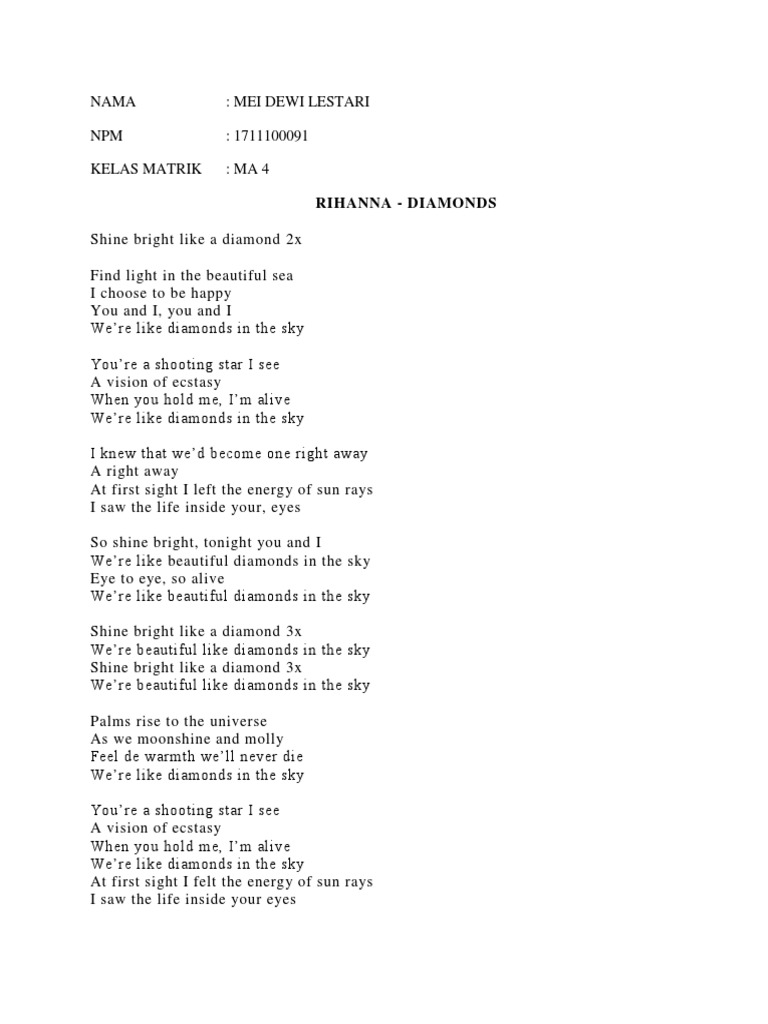 "Diamonds" Lyrics Analysis | PDF | Poetry