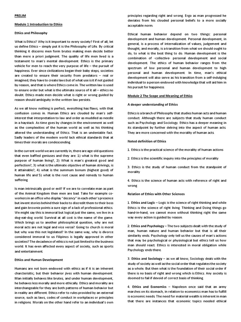 Prelim Module 1 Introduction To Ethics Ethics and Philosophy | PDF | Morality | Conscience