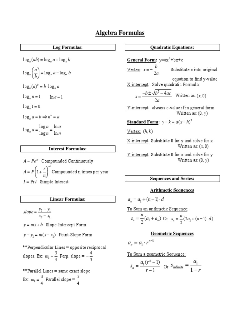 Algebra Formulas: Log Formulas: Quadratic Equations: General Form | PDF ...