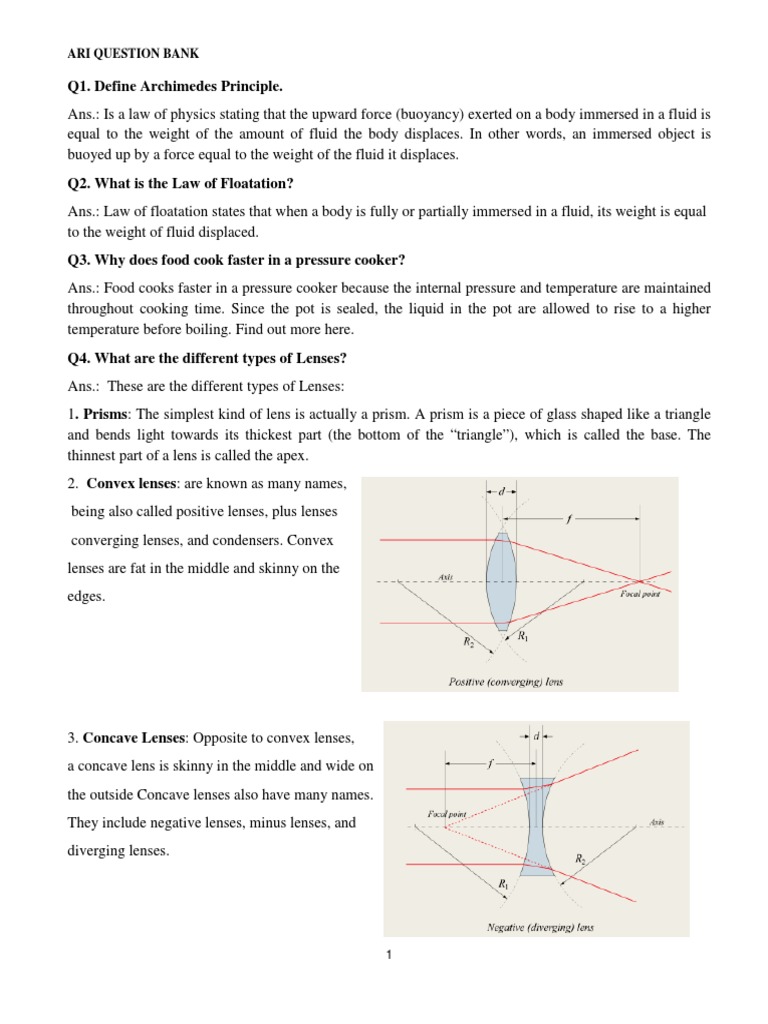 Q1. Define Archimedes Principle.: Ari Question Bank | PDF | Lens ...