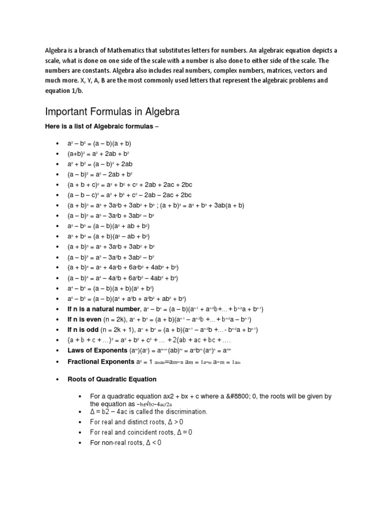 Important Formulas in Algebra: Here Is A List of Algebraic Formulas ...