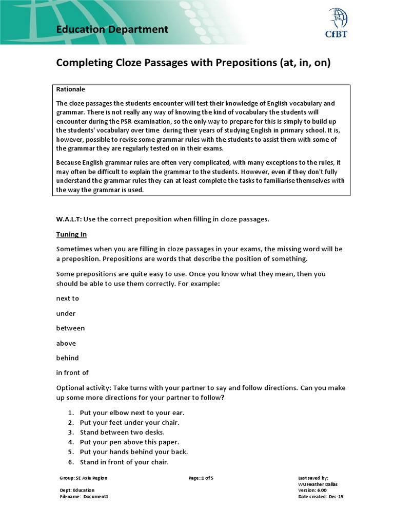 Cloze Prepositions at in On | PDF | Movie Theater | English Grammar