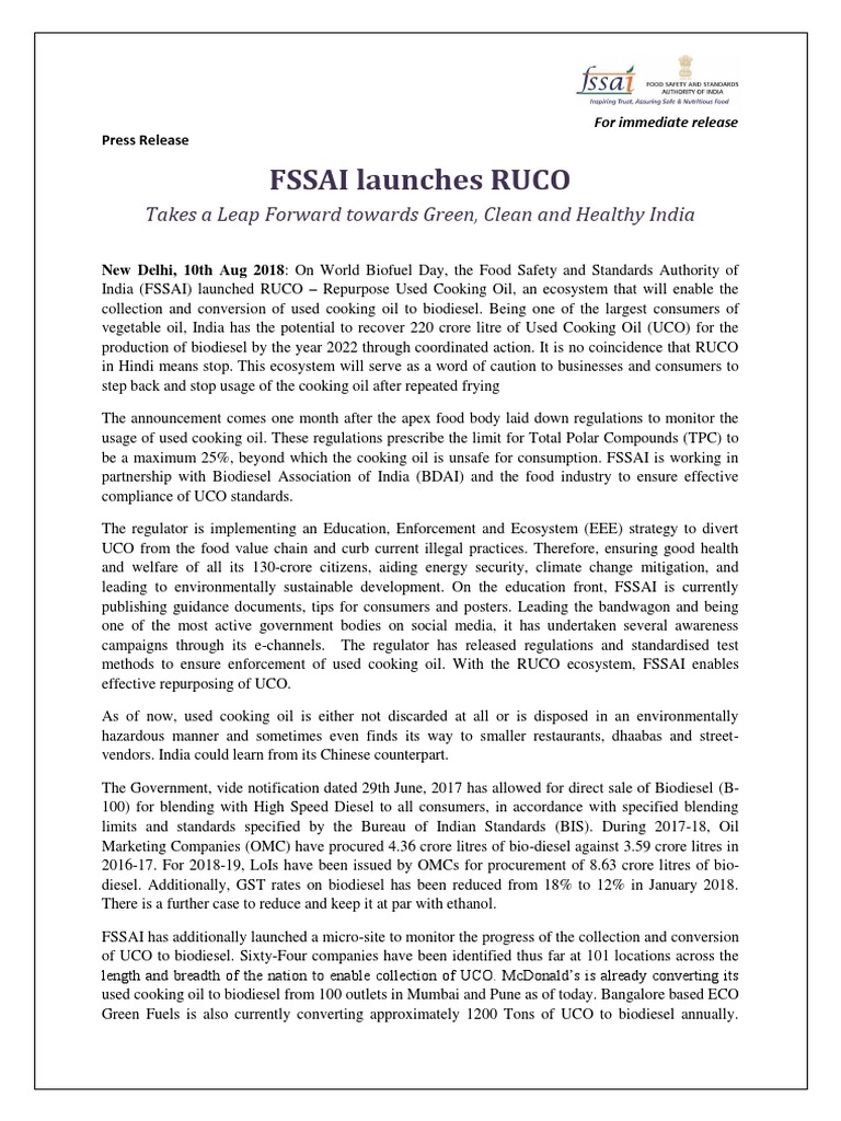 FSSAI Launches RUCO: Takes A Leap Forward Towards Green, Clean and ...