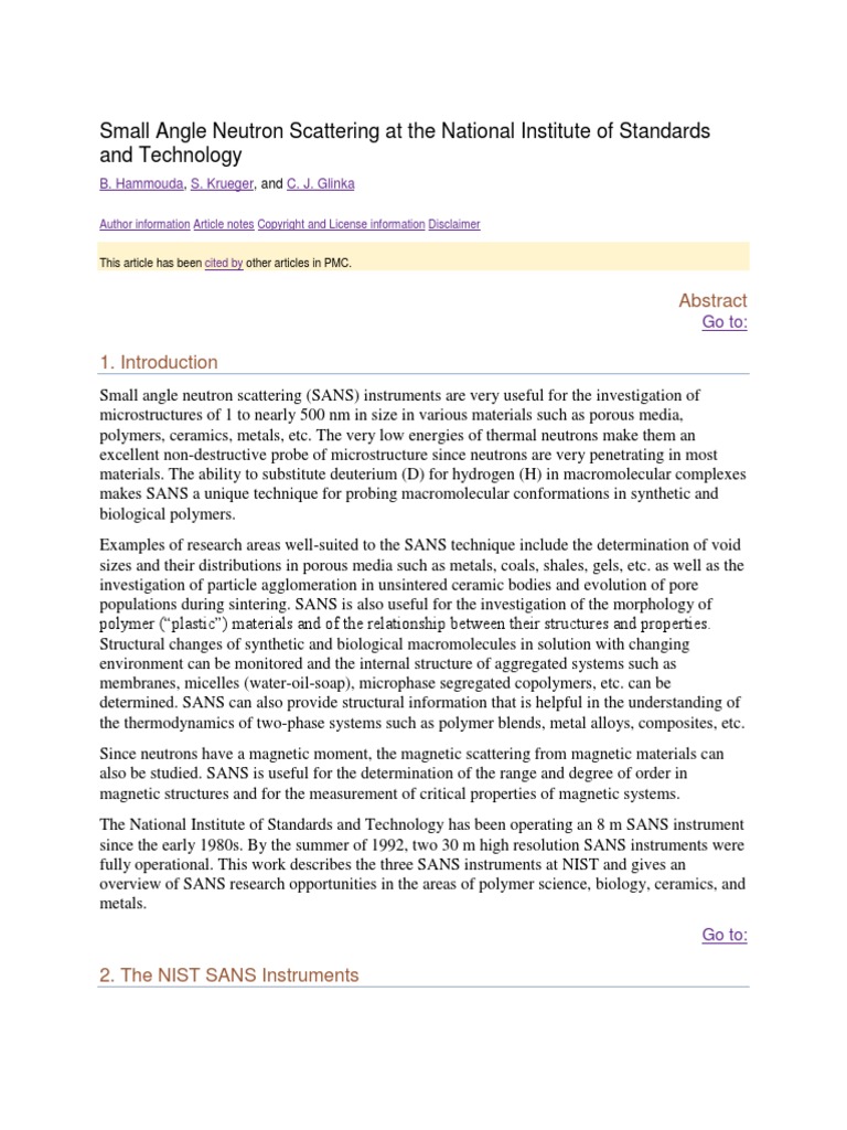 Small Angle Neutron Scattering at The National Institute of Standards ...