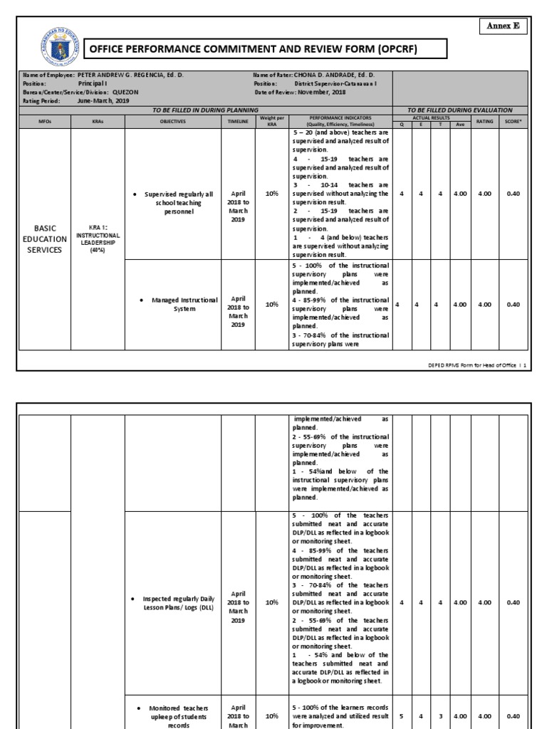 Office Performance Commitment and Review Form (Opcrf) : Annex E | PDF ...