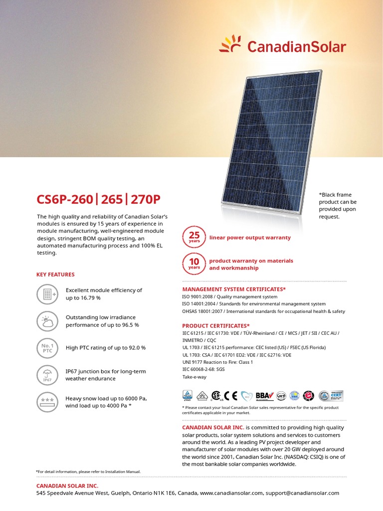 Canadian Solar Datasheet CS6P P 270en | PDF | Solar Panel | Fuse ...