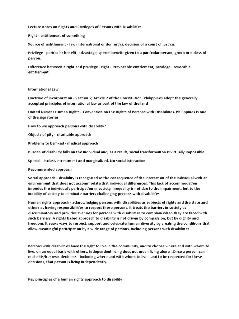 Lecture Notes On Rights and Privileges of Persons With Disabilities ...