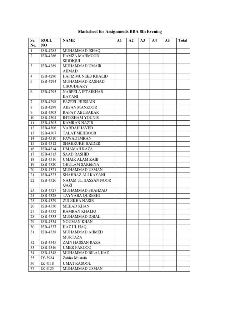 Sr. No. Roll NO Name A1 A2 A3 A4 A5 Total: Marksheet For Assignments ...
