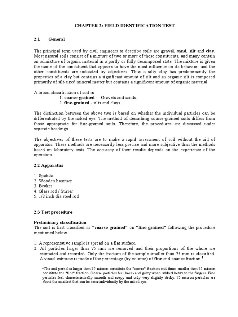 Chapter 2: Field Identification Test 2.1 General | PDF | Sand | Silt