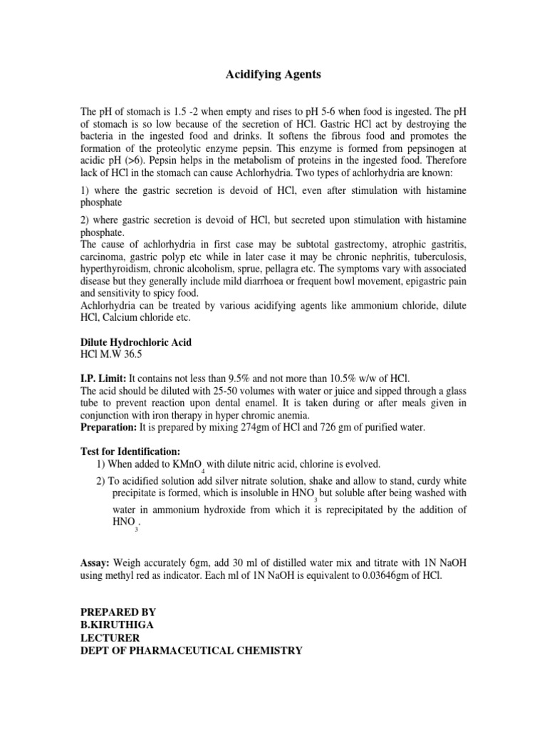 Acidifying Agents: Dilute Hydrochloric Acid | PDF