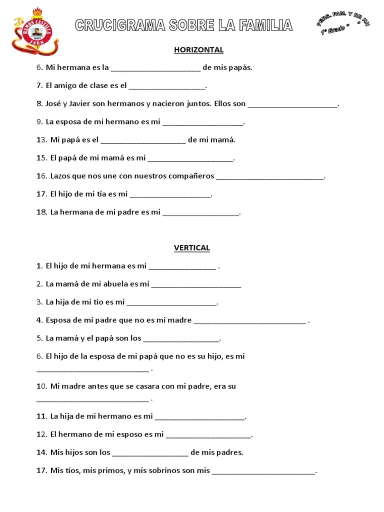 Crucigrama sobre la familia en español | PDF | Ciencias sociales