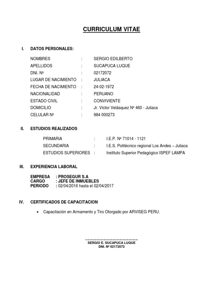 Curriculum Vitae de Sergio Sucapuca | PDF