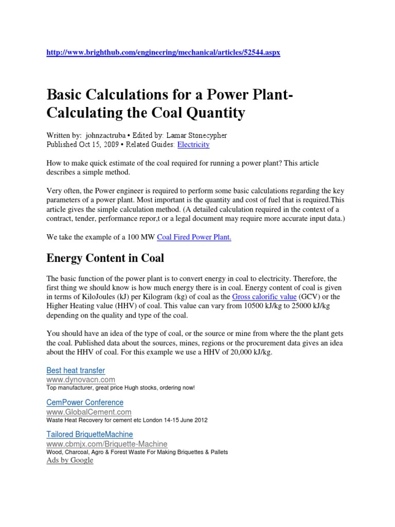 Basic Calculations For A Power Plant | PDF | Fossil Fuel Power Station ...