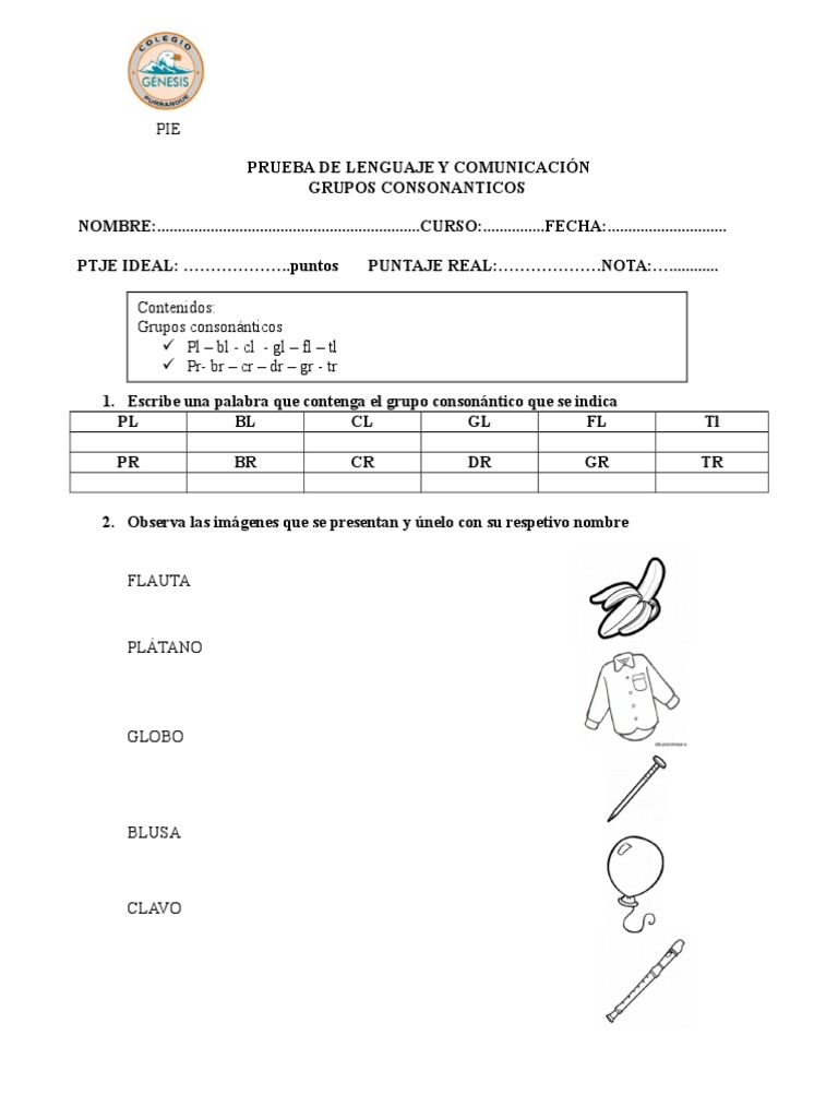 Prueba de Grupos Consonánticos 2° Básico | PDF