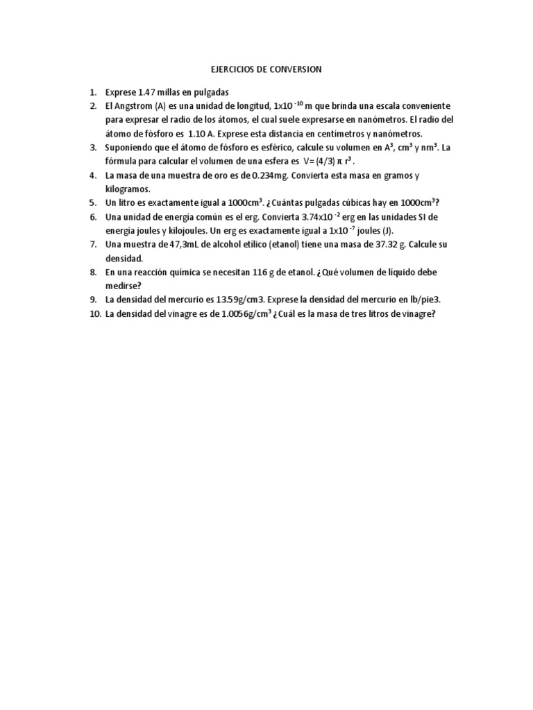 Ejercicios de Conversión de Unidades | PDF