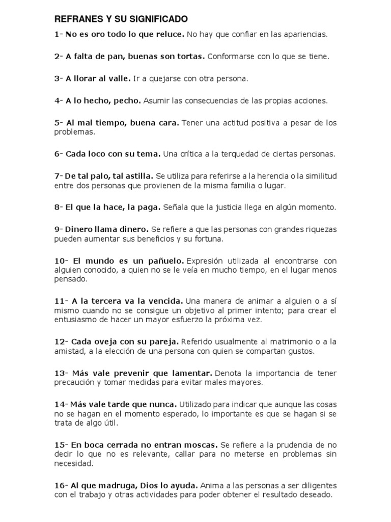 100 Refranes Con Su Significado | Descargar gratis PDF | Amor | Pecado