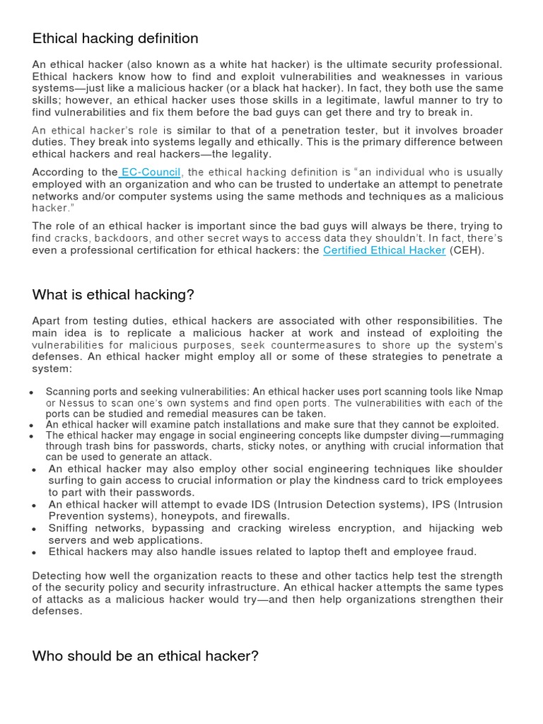 Ethical Hacking Definition | PDF | Security Hacker | White Hat ...