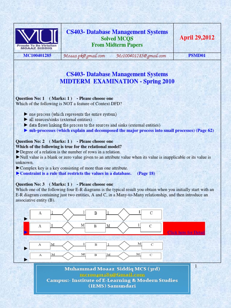 Cs403 Midterm Solved Mcqs by Moaaz | PDF | Relational Database | Relational Model
