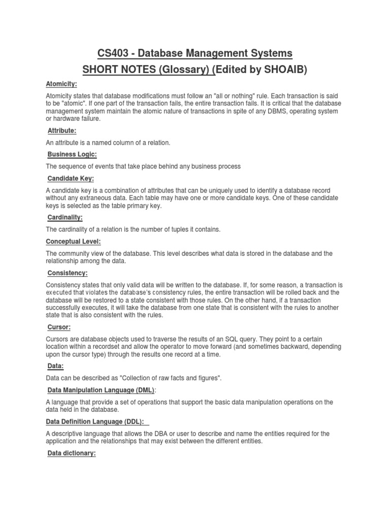 CS403 Short Notes | PDF | Databases | Relational Database CS403 Short Notes | PDF | Databases | Relational Database