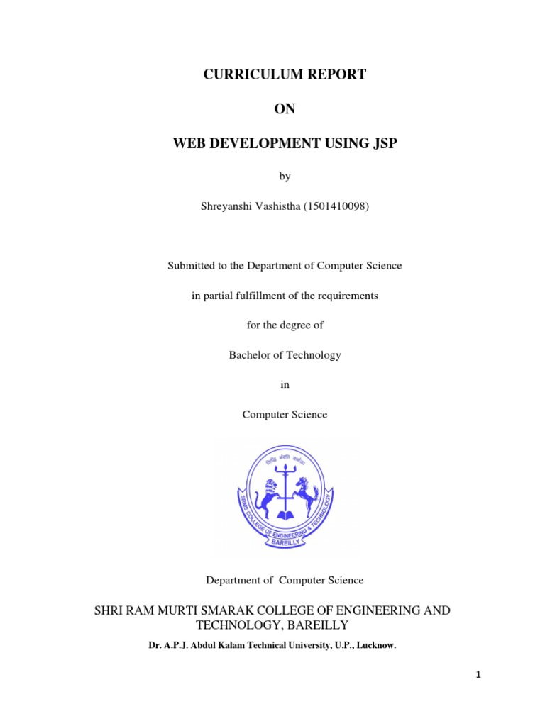Curriculum Report ON Web Development Using JSP: by Shreyanshi Vashistha (1501410098) | PDF ...