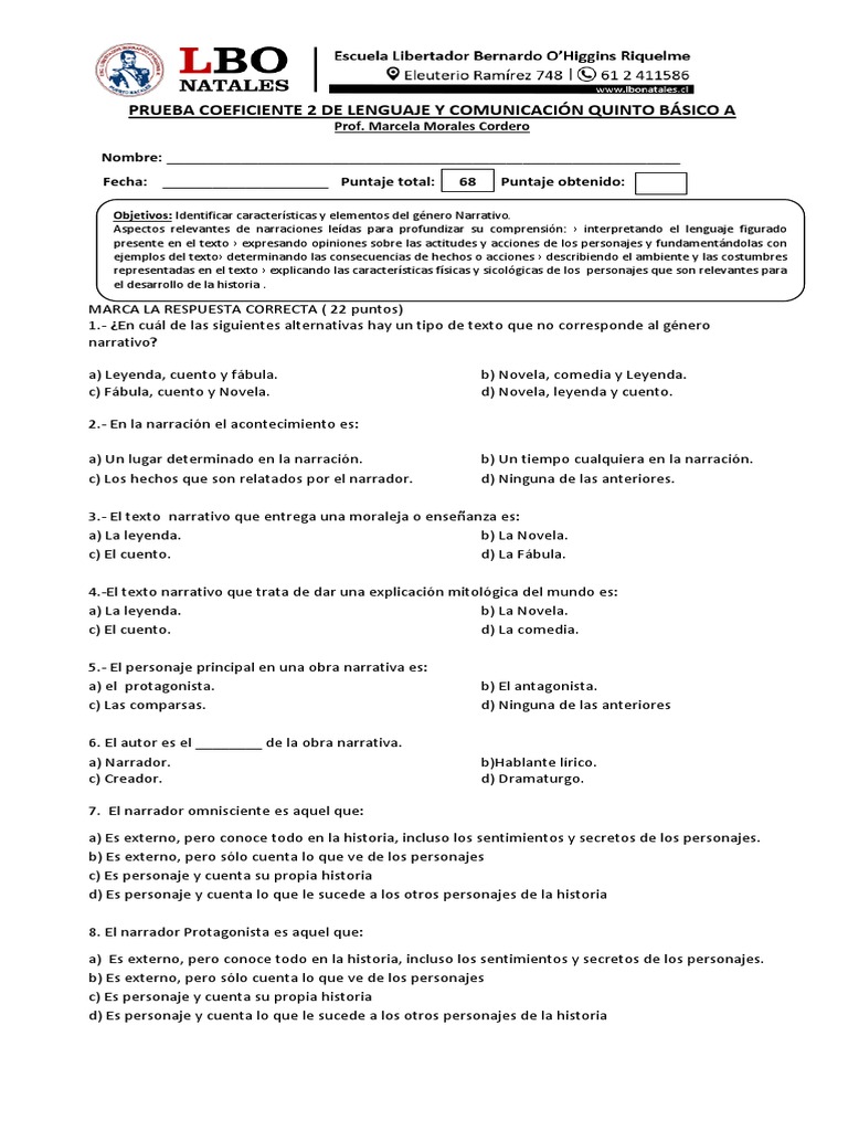 Prueba Genero Narrativo 5 Basico | PDF | Narración | Narrativa
