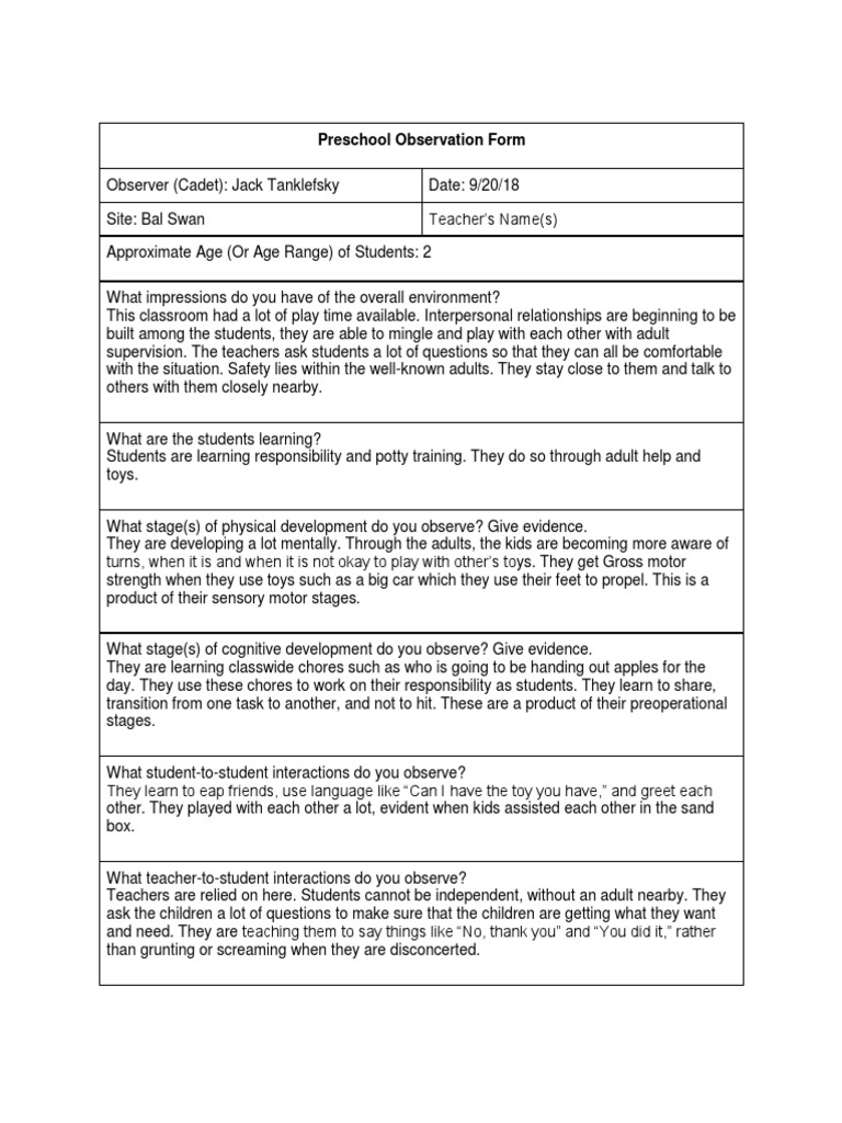 Preschool Observation Form 1 | PDF | Classroom | Communication