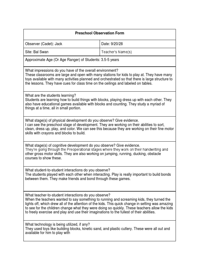 Preschool Observation Form 2 | PDF | Preschool | Cognitive Science