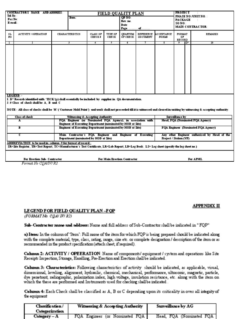 Field Quality Plan Overview | PDF | Specification (Technical Standard ...