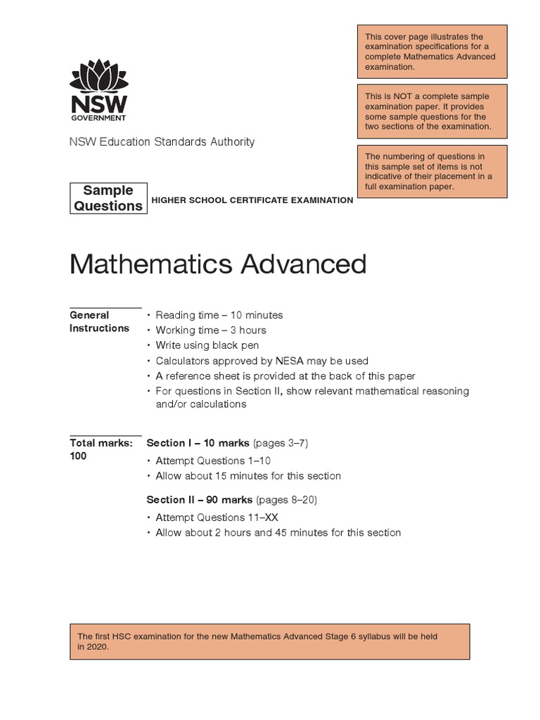 Mathematics Advanced Sample Examination Materials 2020 PDF | PDF | Test ...