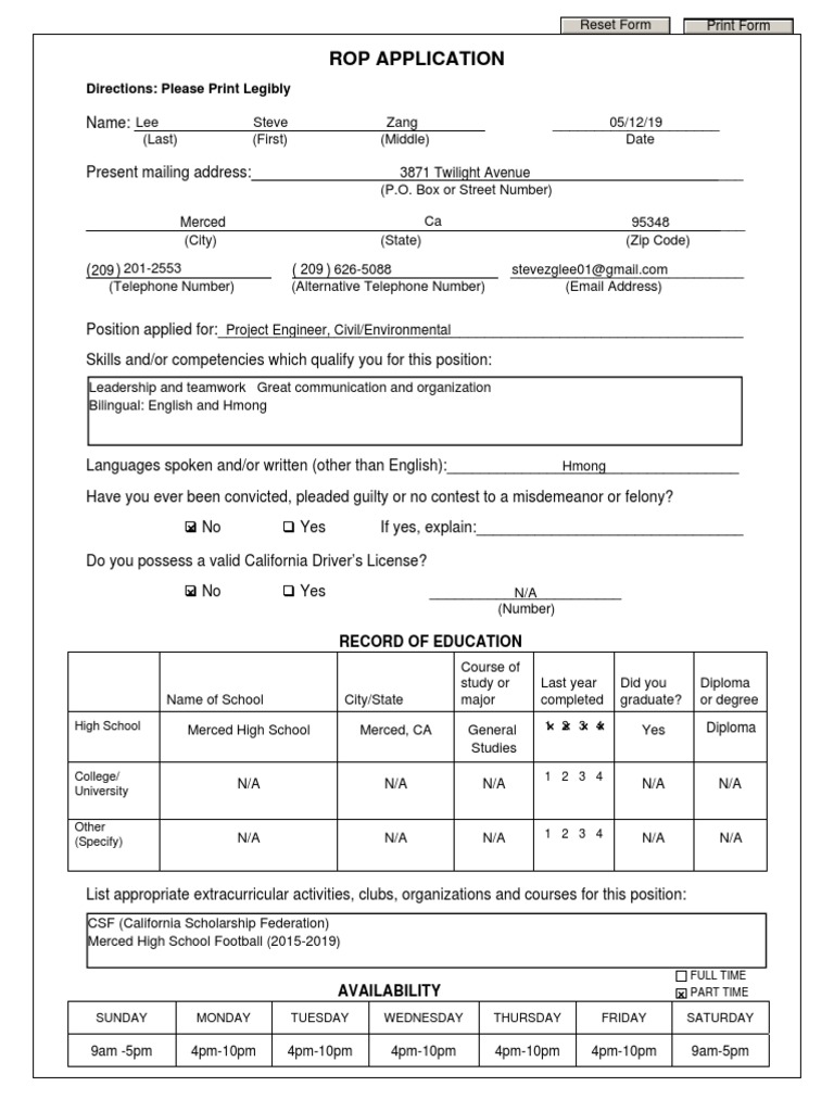 Rop Job Application With Availability - Fillable For Website | PDF