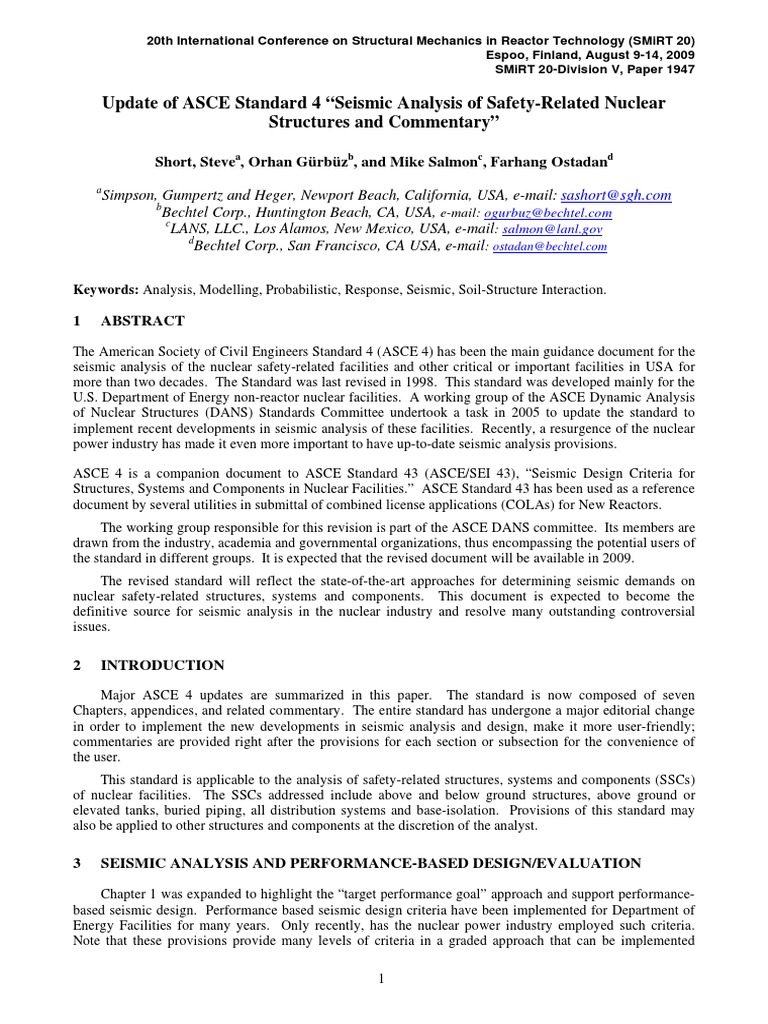 Update of ASCE Standard 4 "Seismic Analysis of Safety-Related Nuclear ...